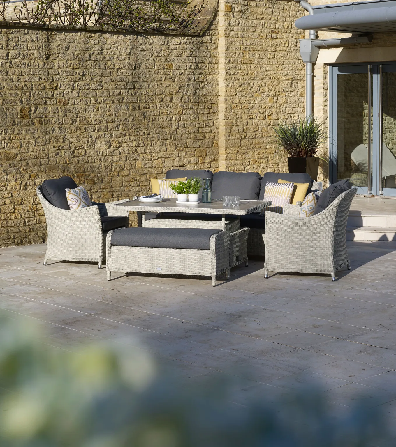Bramblecrest Monterey Dove Grey Rattan 3 Seater Sofa Adjustable Rectangle Table 2 Armchair Bench Codsall Wergs Wolverhampton Garden Centre Shopping